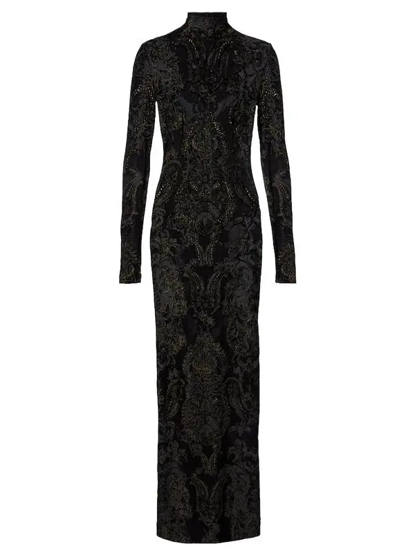 Roberto Cavalli Embroidered Velvet And Mesh Gown - Black