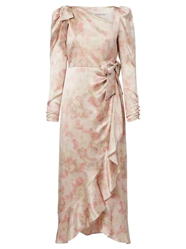 Alessandra Rich Bow-detail Floral Silk Satin Midi Dress - Pink