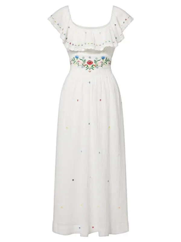 Rixo Ebony Embroidered Cotton Midi Dress - White
