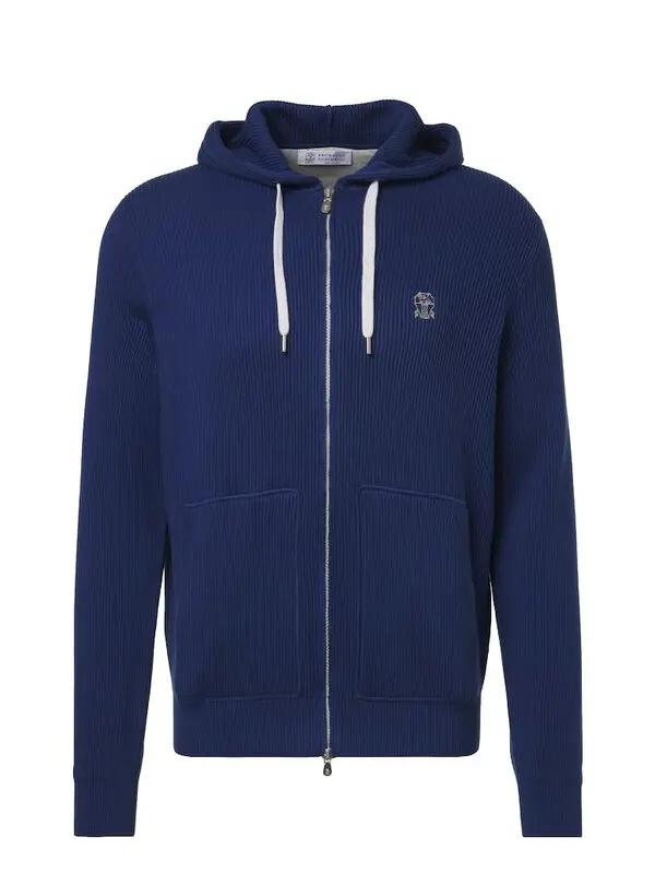 Brunello Cucinelli Logo Ribbed-knit Cotton Zip-up Hoodie - Blue