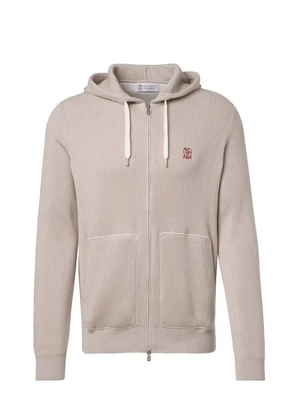 Brunello Cucinelli Logo Ribbed-knit Cotton Zip-up Hoodie - Beige