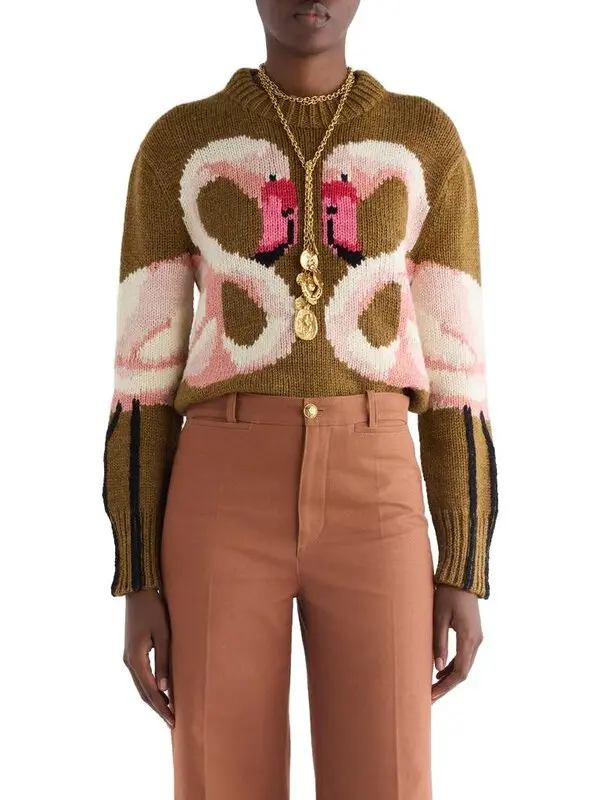 Chloé Hand-knit Flamingo Intarsia Wool Crewneck Sweater - Secret Brown