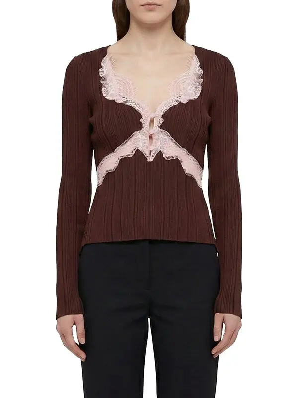 SELF-PORTRAIT Ribbed Knit Sweater With Lace Trim - Brown