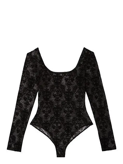 The Kooples Flocked Long-sleeve Mesh Bodysuit - Black