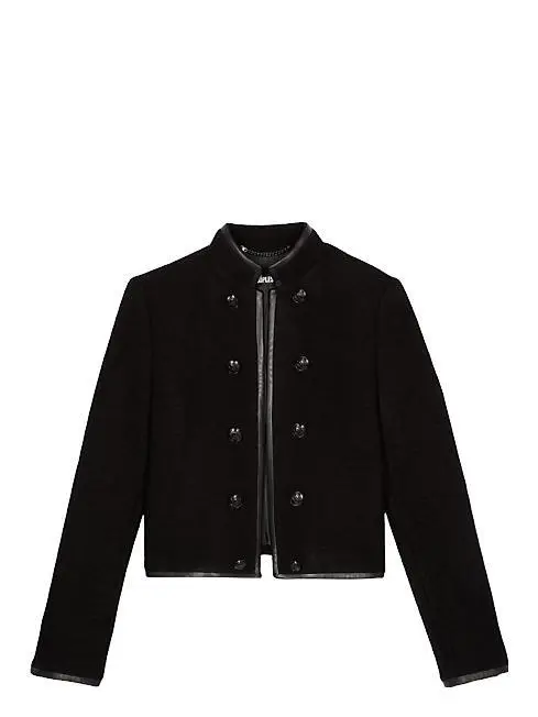 The Kooples Stand-collar Wool Jacket With Leather Trim - Black