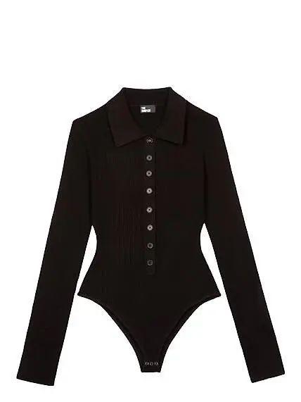 The Kooples Polo-collar Ribbed Knit Bodysuit - Black