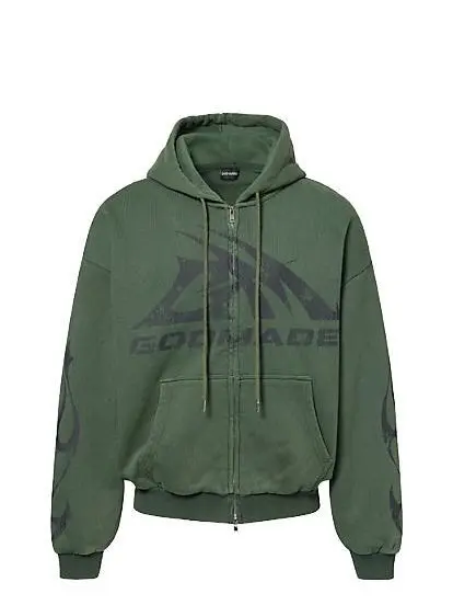 GODMADE Brand-print Washed Cotton-jersey Hoodie - Khaki