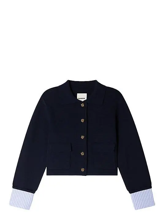 Sandro Wool-blend Polo Cardigan With Contrast Trim - Navy Blue