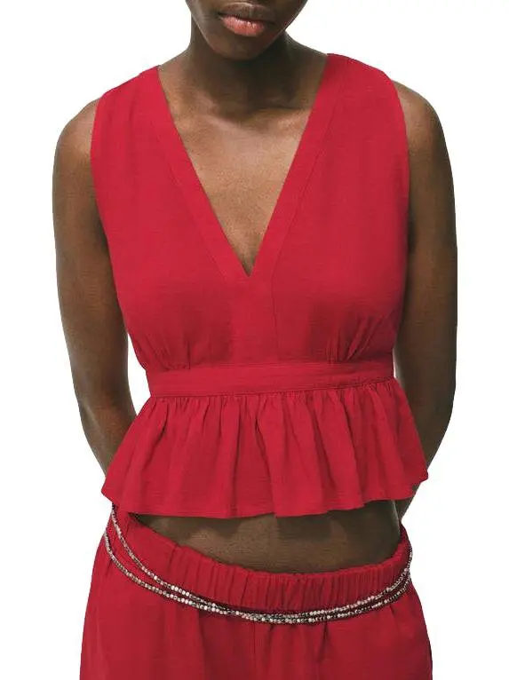 Mango Peplum Top With Tie Detail - Red