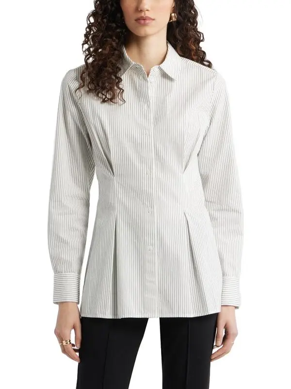 Nordstrom Stripe Pleat Waist Button-up Shirt - Ivory- Navy Dylan Stripe