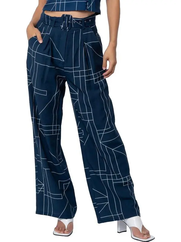 CIEBON Sydney Print Wide Leg Pants - Navy/white