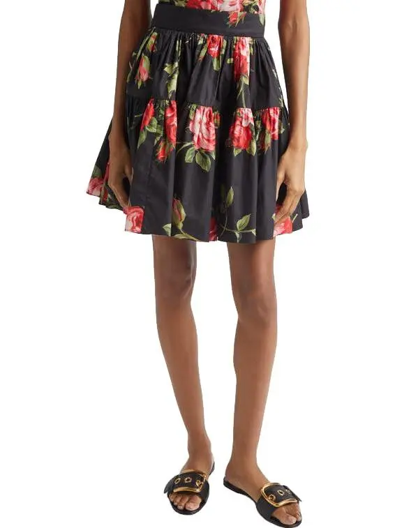 Dolce & Gabbana Rose Bouquet Pleated Cotton Poplin A-line Miniskirt - Bouquet Rose F.nero