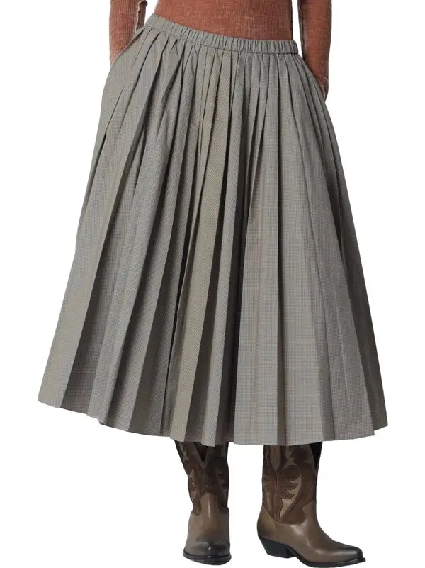 6397 Checked Pleated Midi Skirt - Beige