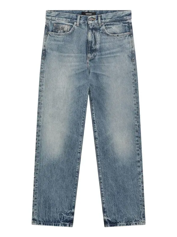 Versace Washed Denim Jeans With Studs - Light Blue