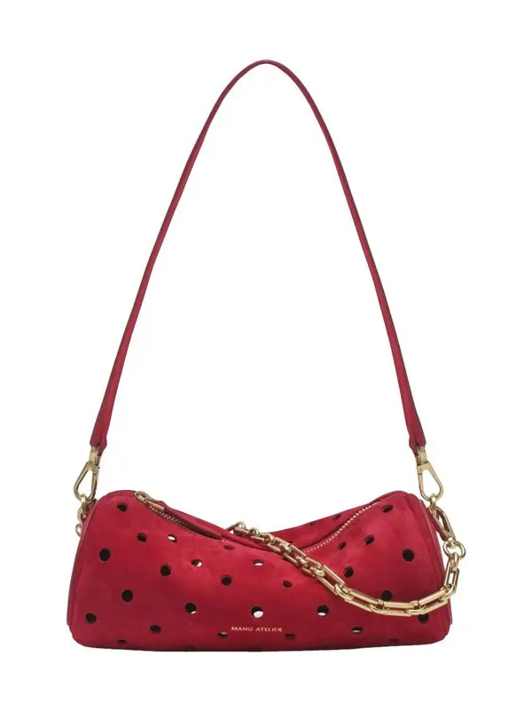 Manu Atelier Mini Cylinder Bag In Perforated Suede - Red