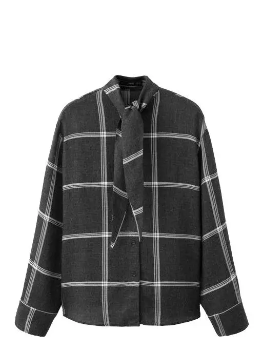 Mango Windowpane Plaid Button-up Shirt With Tie Neck - Black