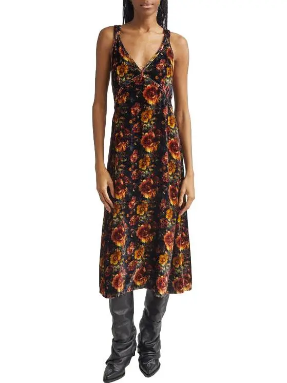 R13 Floral Velvet Midi Dress - Orange Multi Floral
