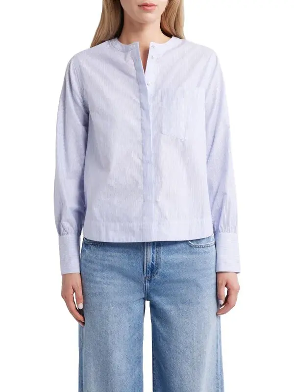 Caslon Metallic Pinstripe Cotton Blend Button-up Shirt - Blue- White Silver Stripe