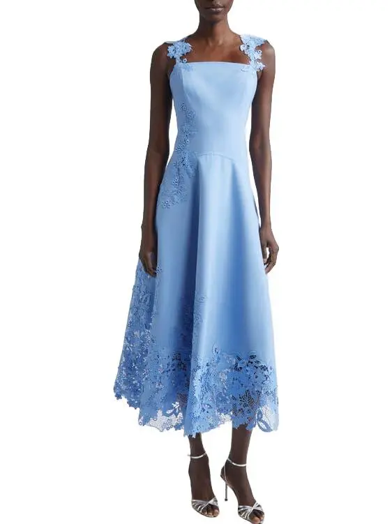 Oscar De La Renta Porcelain Flower Guipure Lace & Wool Blend Stretch Crepe Dress - Hydrangea