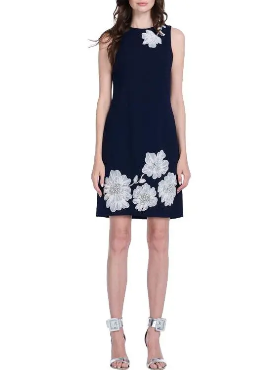 EMILY SHALANT Beaded Floral Appliqué Cocktail Sheath Dress - Black