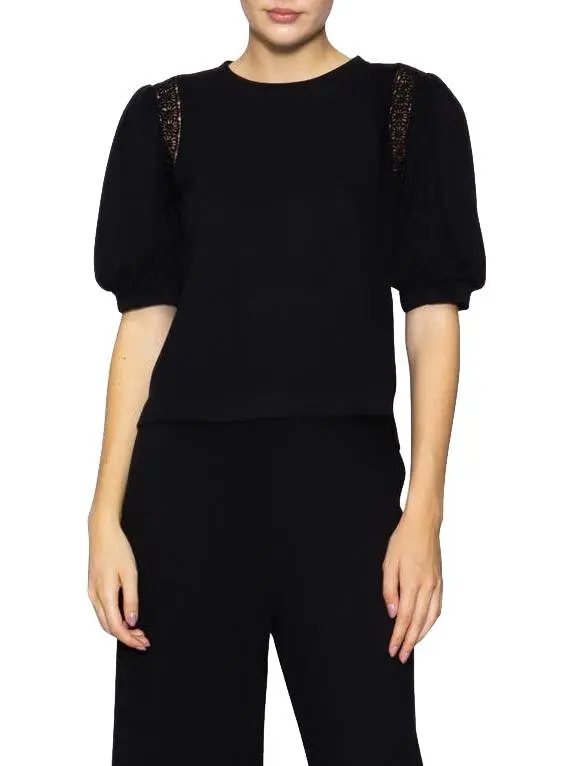 MELLODAY Lace Inset Puff Sleeve Top - Black