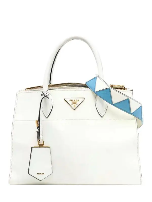 Prada City Calf Trimmed Saffiano Greche Paradigme Satchel - White