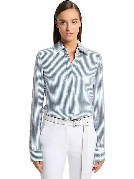 Michael Kors Hansen Sequined Striped Silk Crepe De Chine Shirt - Grey