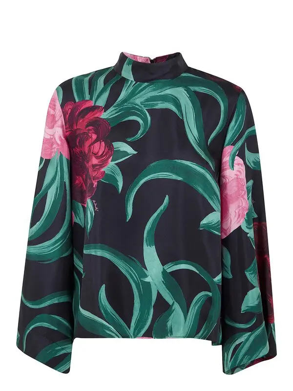 La DoubleJ Floral Print Silk Top - Black
