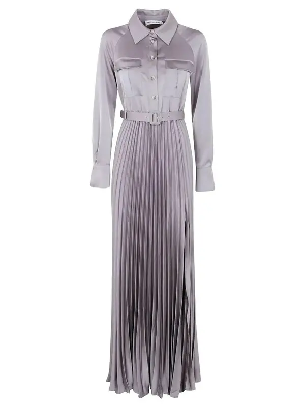SELF-PORTRAIT Satin Pleated Maxi Dress - Gray