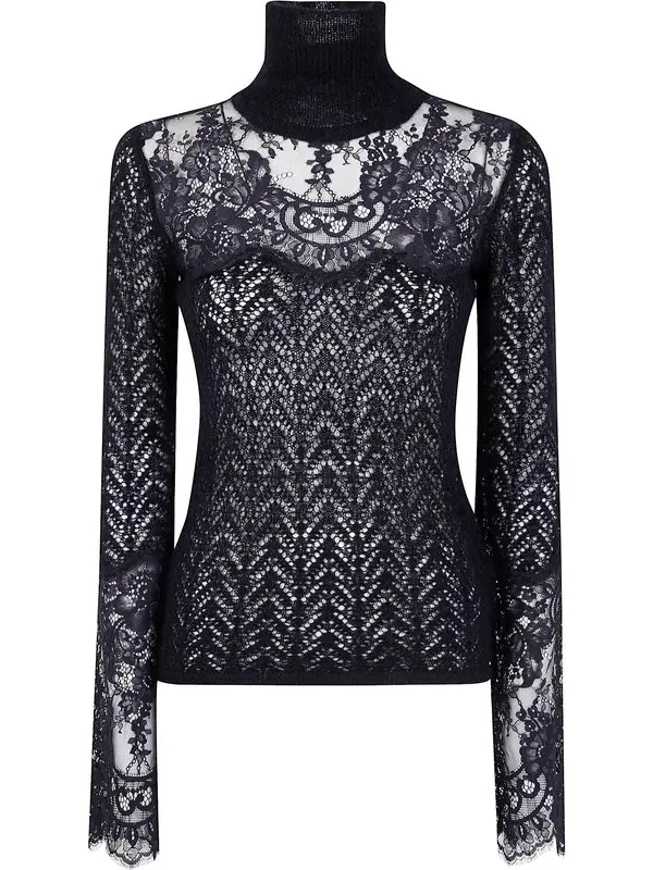 Blumarine Turtleneck Lace Knit Sweater - Black