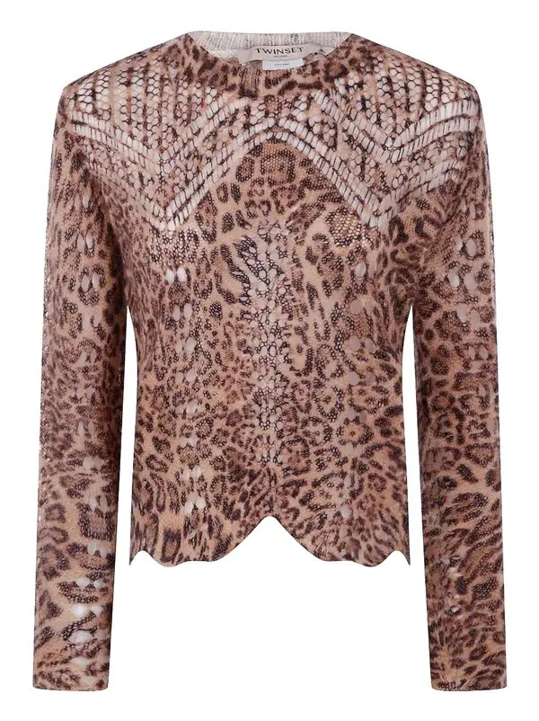 TWINSET Animalier Print Round Neck Sweater - Brown