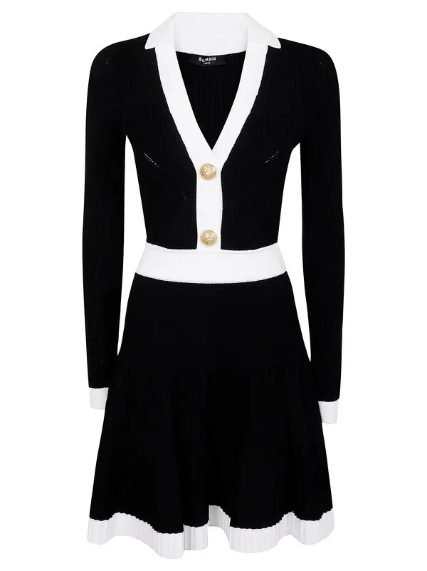 Balmain Long Sleeve Flare Knit Dress - Black