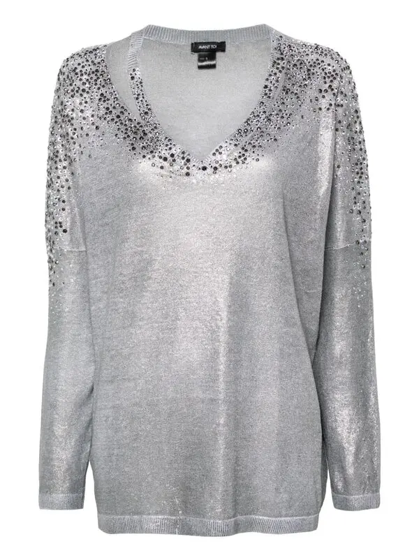Avant Toi Linen Cotton V-neck Pullover With Lamination And Strass - White