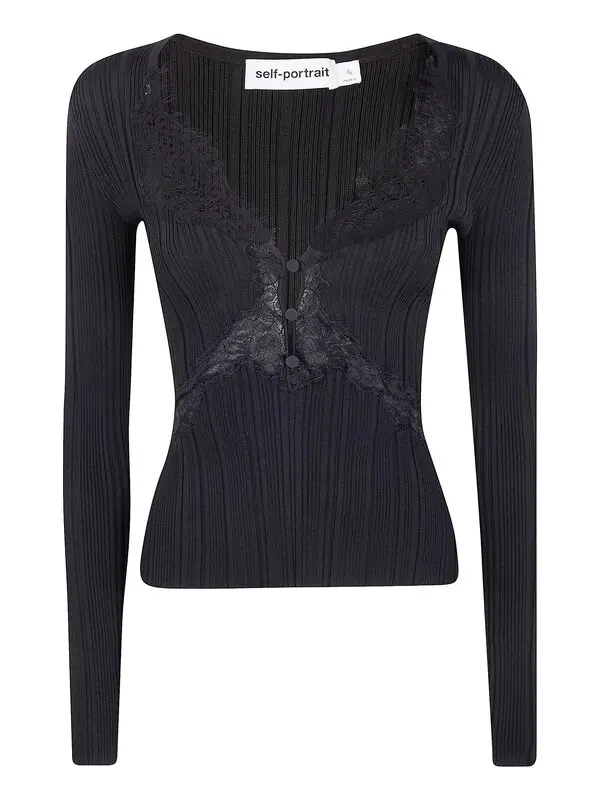SELF-PORTRAIT Lace Knit Top - Black