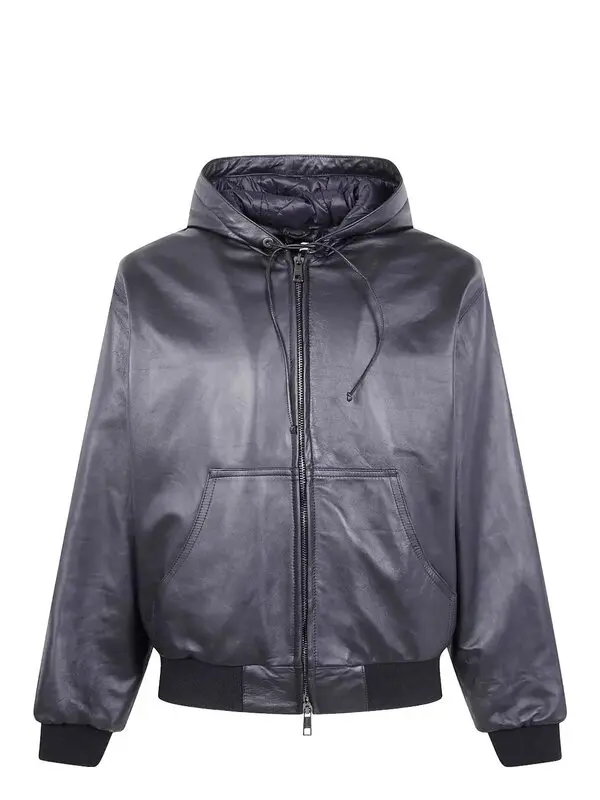 GIORGIO BRATO Nappa Leather Oversized Hooded Bomber Jacket - Black