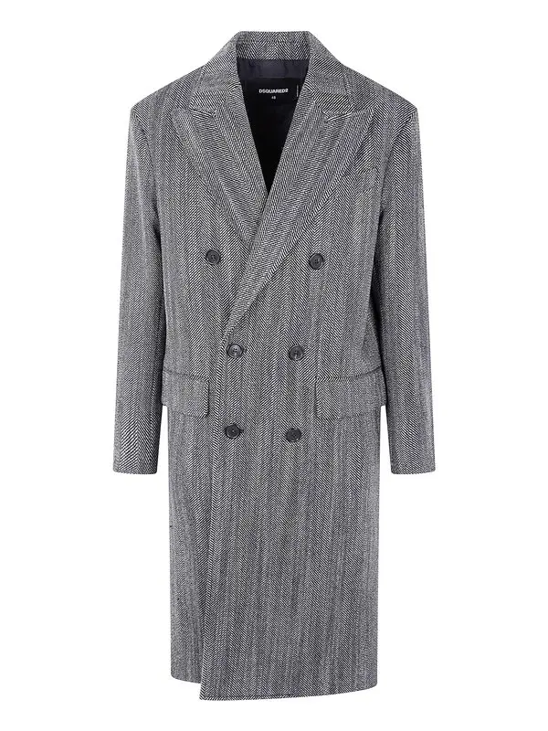 Dsquared2 Herringbone Double Breasted Overcoat - White