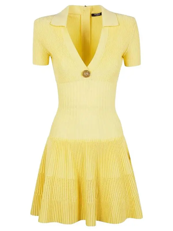 Balmain Short Sleeves "flechage" Knit Flare Short Dress - Yellow