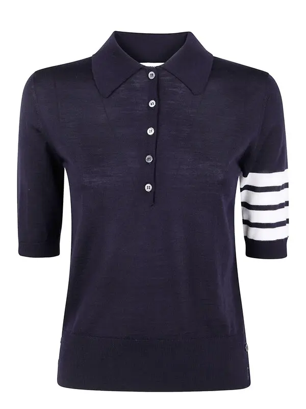 Thom Browne Relaxed Fit Polo With 4 Bar In Fine Merino Wool - Blue