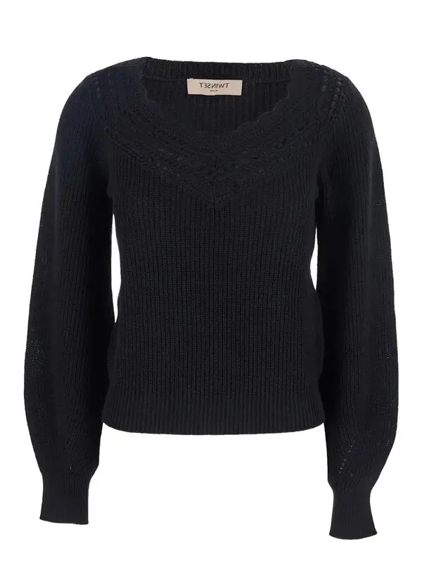 TWINSET Boat Neck Fine Knit Sweater - Black