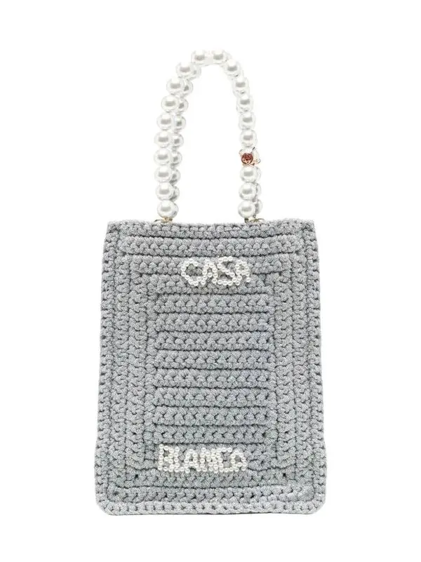 Casablanca Pearl Handle Mini Crochet Shopper Bag - Metallic