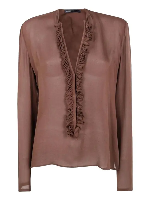 IBRIGU Silk Ruffle Shirt - Brown