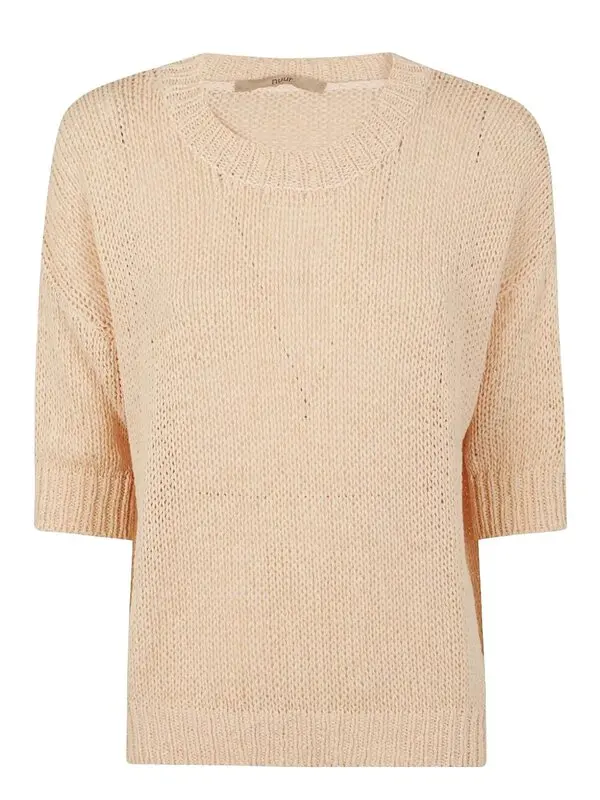 NUUR Short Sleeve Round Neck Fine Knit Pullover - Beige