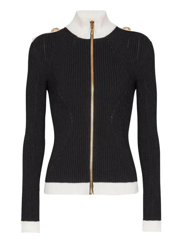 Balmain Zipped Turtleneck Knit Cardigan - Black