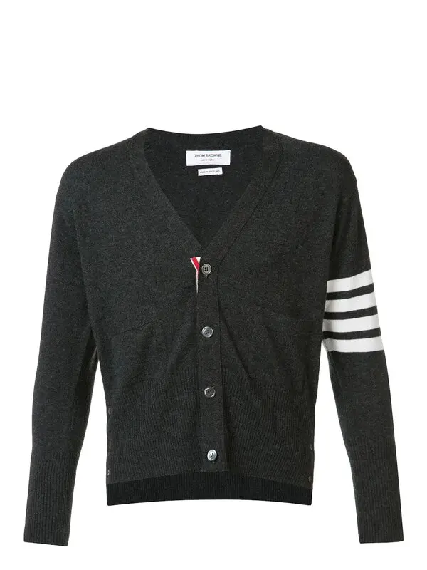 Thom Browne Classic Short V Neck Cardigan With 4-bar Stripe - Gray