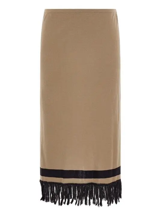 FERRAGAMO Silk Pencil Skirt With Fringe - Natural