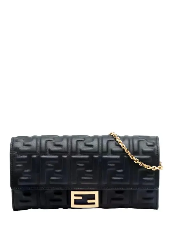 Fendi Zucca Embossed Nappa Baguette Continental Wallet With Chain Crossbody Bag - Black