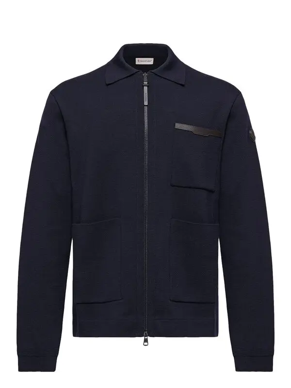 Moncler Leather Logo Wool Zip-up Cardigan - Blue