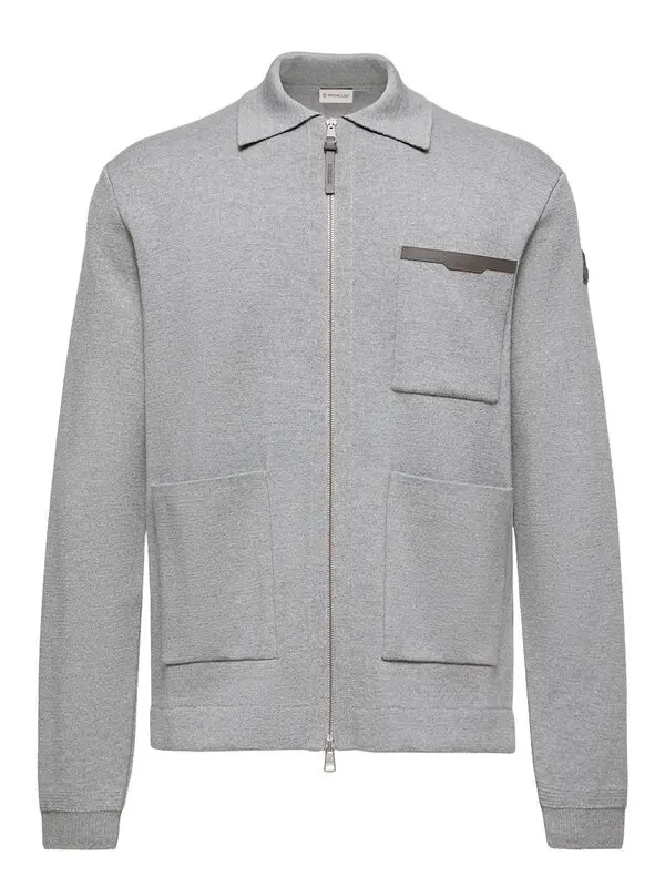 Moncler Leather Logo Wool Zip-up Cardigan - Grey