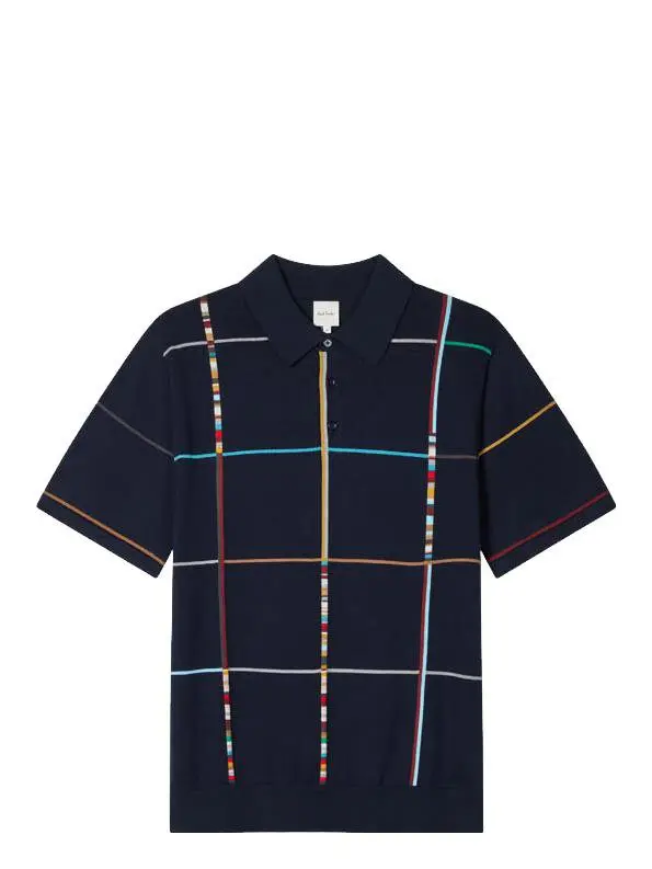 Paul Smith Navy 'signature Stripe Check' Knitted Cotton Polo Shirt - Blue
