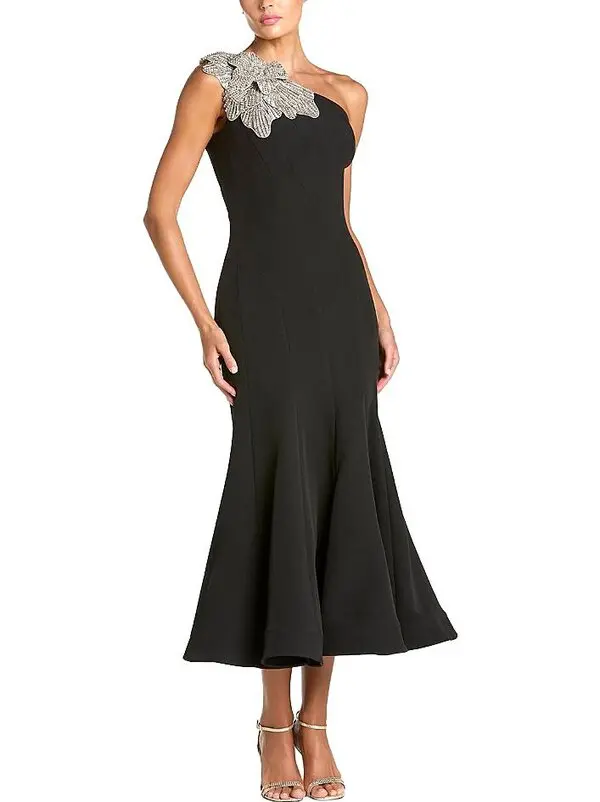 Mac Duggal Crepe One-shoulder Mermaid Midi Dress With Embellished Flower - Black